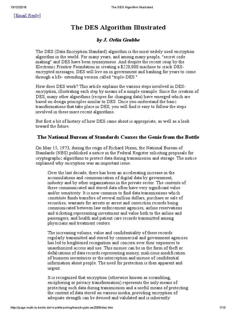 The DES Algorithm Illustrated: by J. Orlin Grabbe | Download Free PDF ...