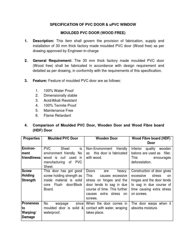 Specification for PVC Door & UPVC_Window(1) | Door | Polyvinyl Chloride