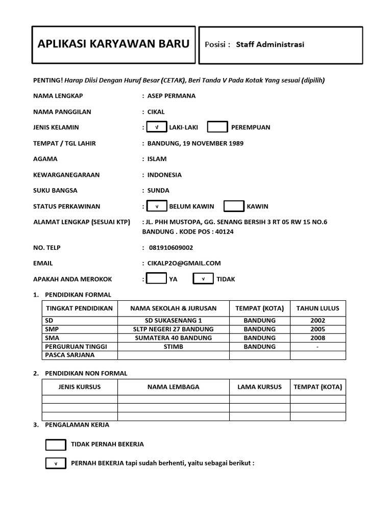 Contoh Form Aplikasi Biodata Karyawan | PDF