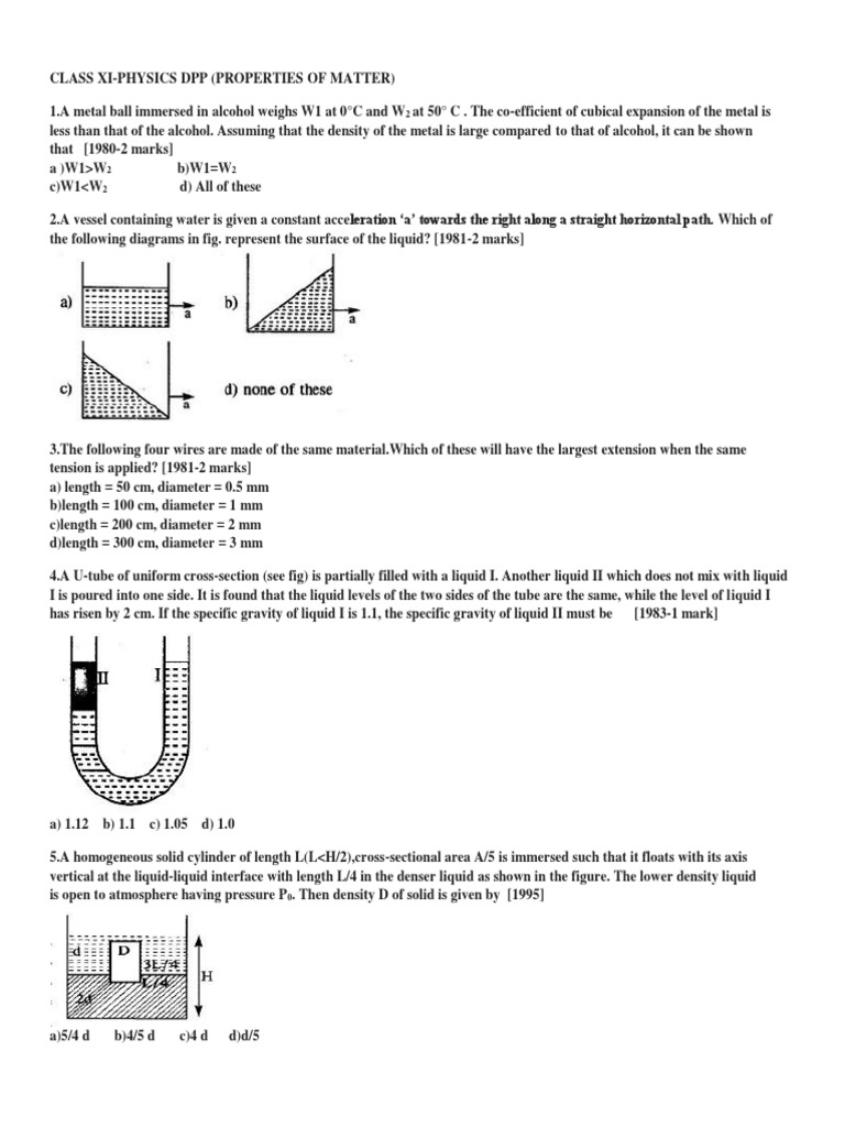 Class XI Physics DPP Properties of Matter | PDF | Buoyancy | Density