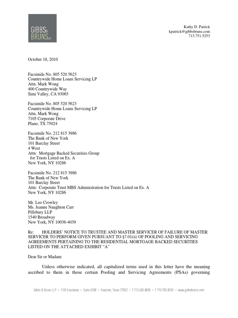 Bondholders' Letter To BofA Over Countrywide Loans (Inc. NY Fed ...