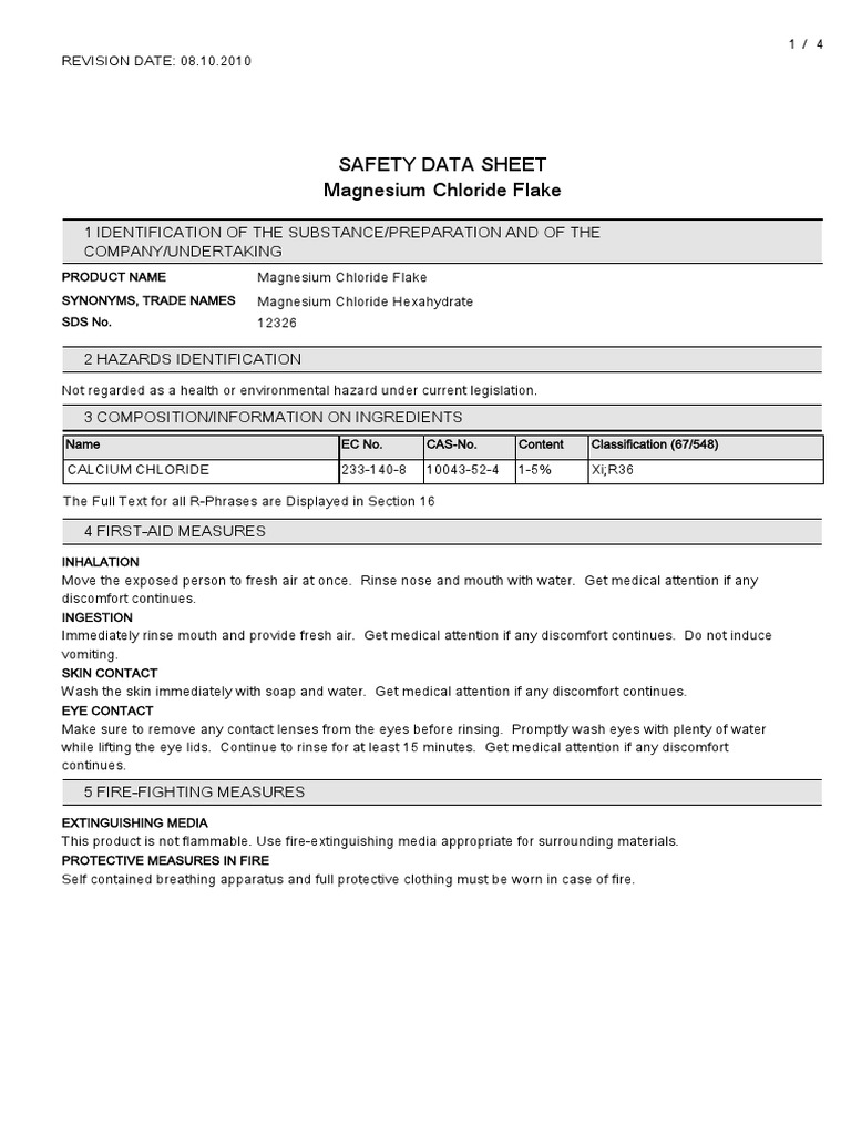 Magnesium Chloride Flake Safety Data Sheet | PDF | Safety | Chemistry