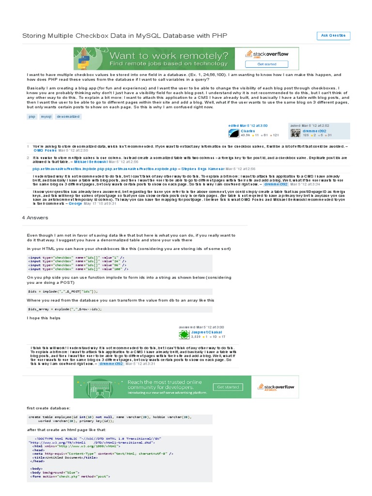 Storing Multiple Checkbox Data in Mysql Database With PHP: 4 Answers | PDF | Databases | Html