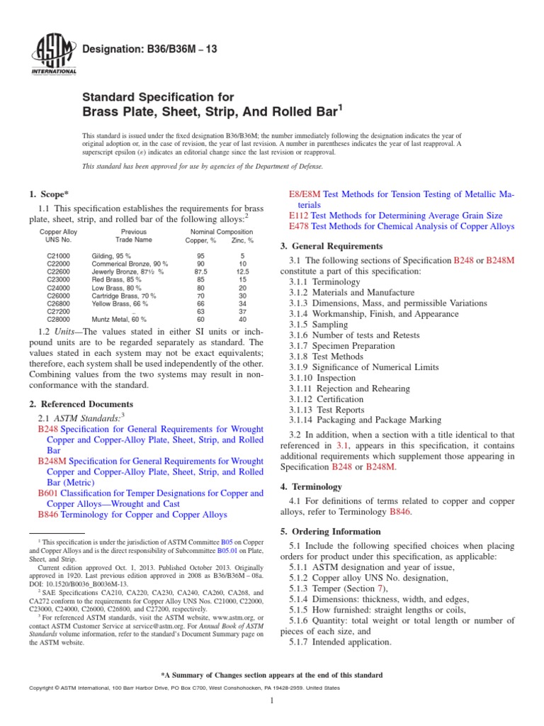 Brass Plate, Sheet, Strip, and Rolled Bar: Standard Specification For ...