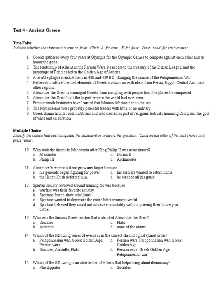 Test 4 - Ancient Greece | PDF | Peloponnesian War | Ancient Greece
