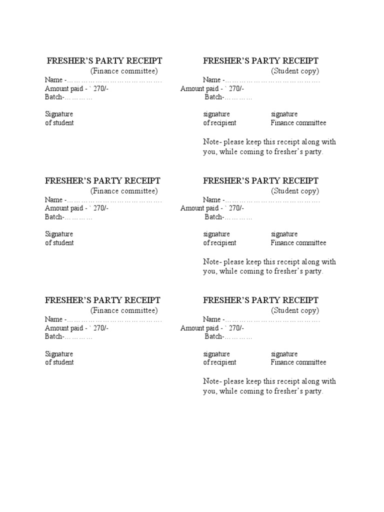 Fresher's Party Receipt Template | PDF | Career & Growth | Business