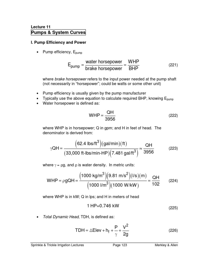Water Horsepower WHP E Brake Horsepower BHP : Pumps & System Curves ...