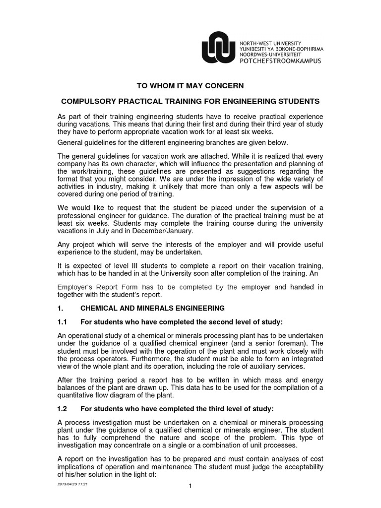 To Whom It May Concern Compulsory Practical Training For Engineering ...