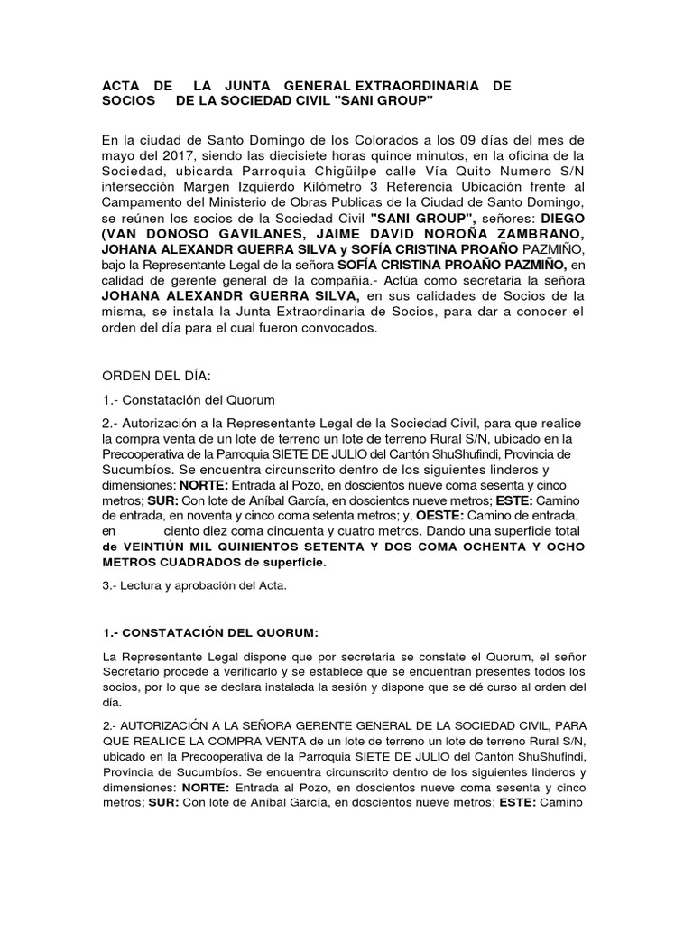 Acta de La Junta General Extraordinaria de Socios de La Sociedad Civil | PDF | Agitación