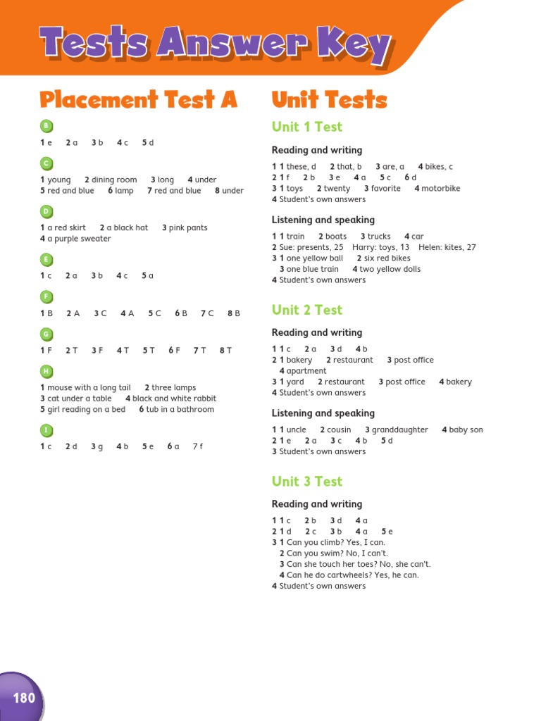 Tests Answer Key: Placement Test A Unit Tests | PDF | Leisure