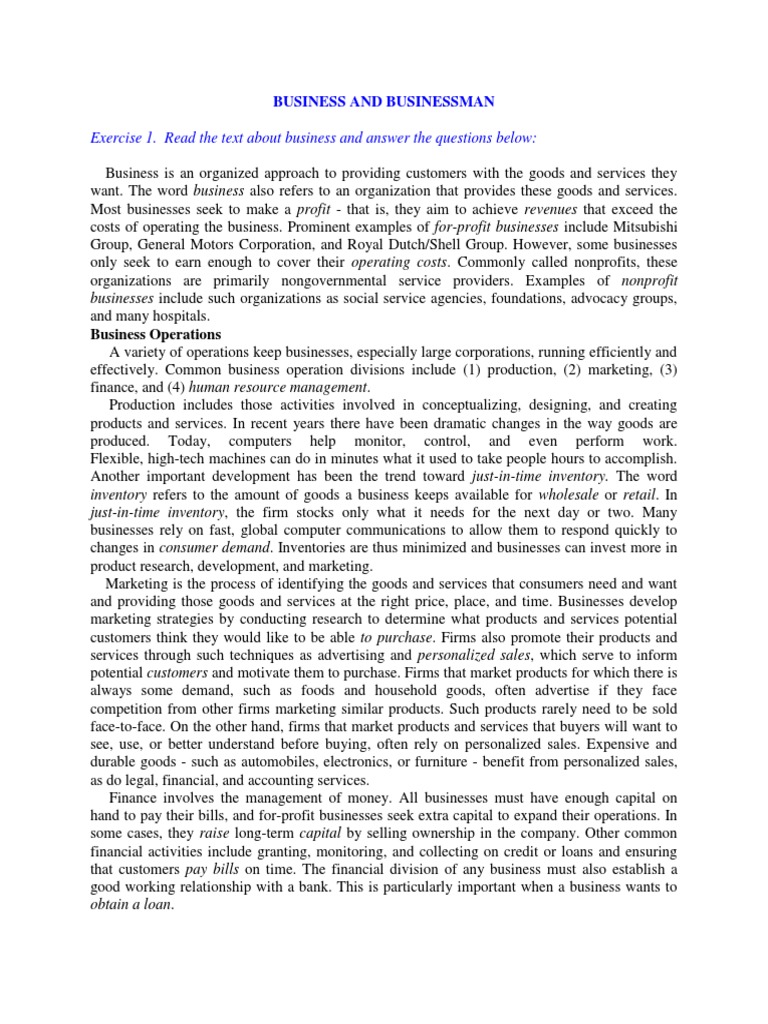 Exercise 1. Read The Text About Business and Answer The Questions Below ...