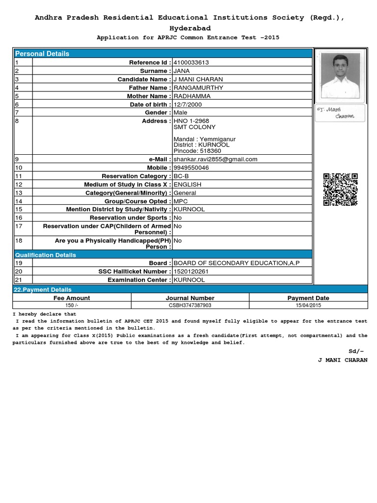 APRJC CET 2015 Application Form | PDF | Behavior Modification | Learning