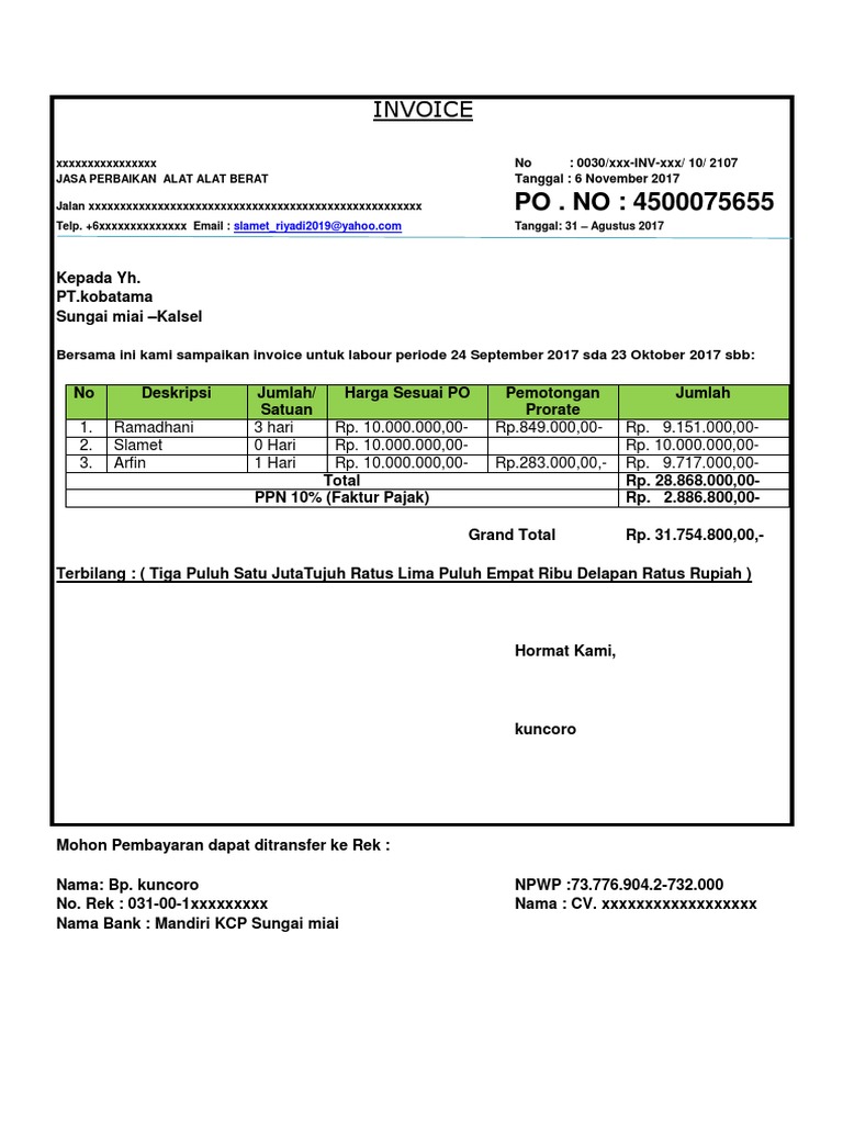 Contoh Invoice Jasa Perbaikan Alat Berat | PDF