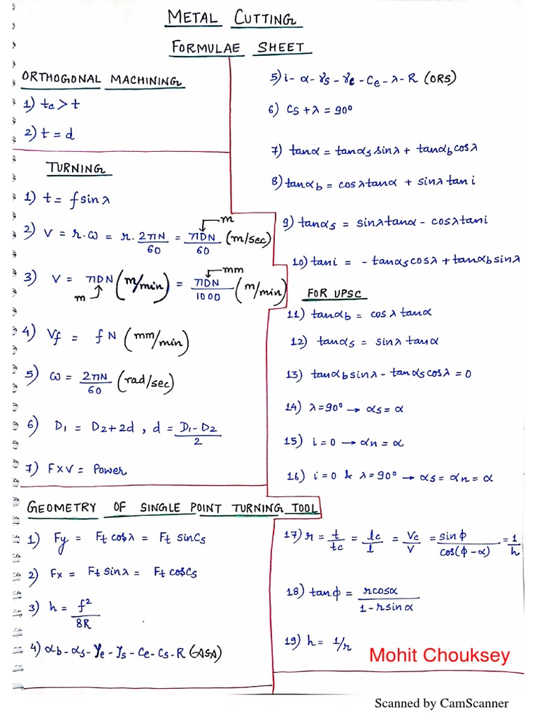Metal Cutting Formulae Sheet @mohit Chouksey | PDF