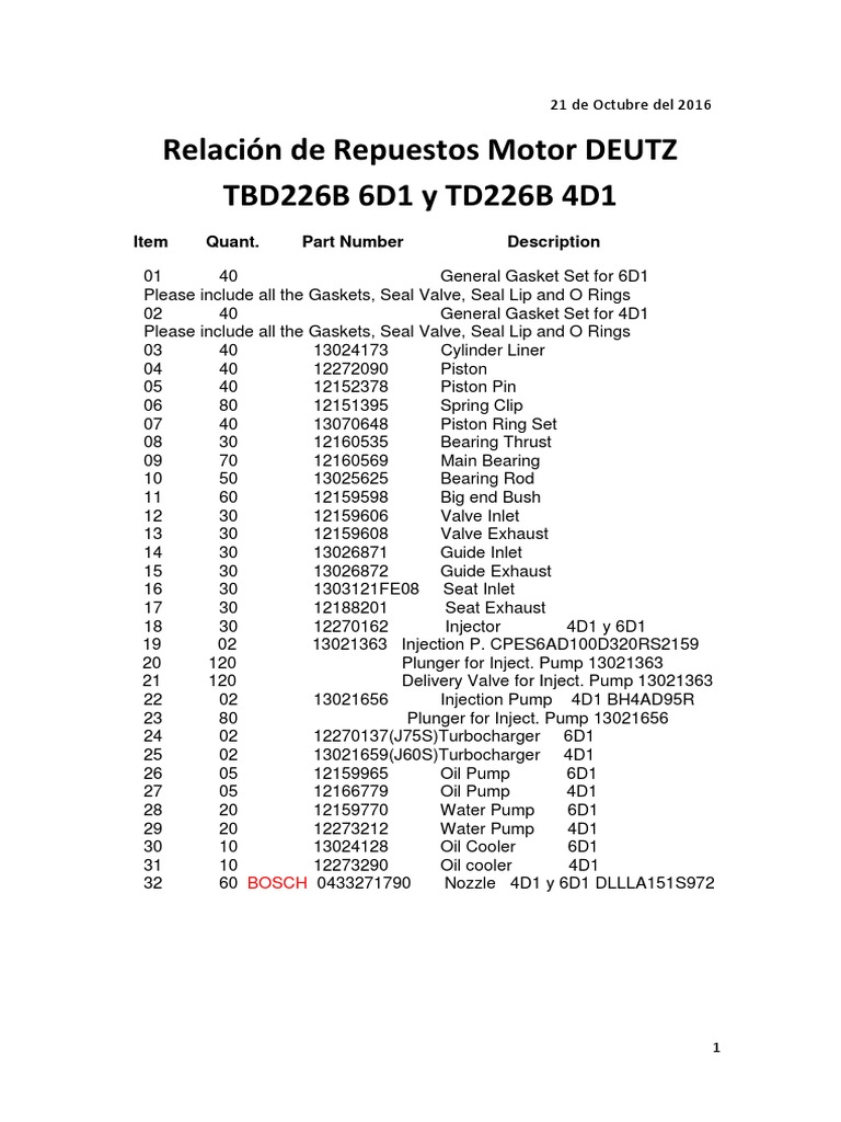 Deutz Engine Parts List for TBD226B 6D1 | PDF | Piston | Turbocharger