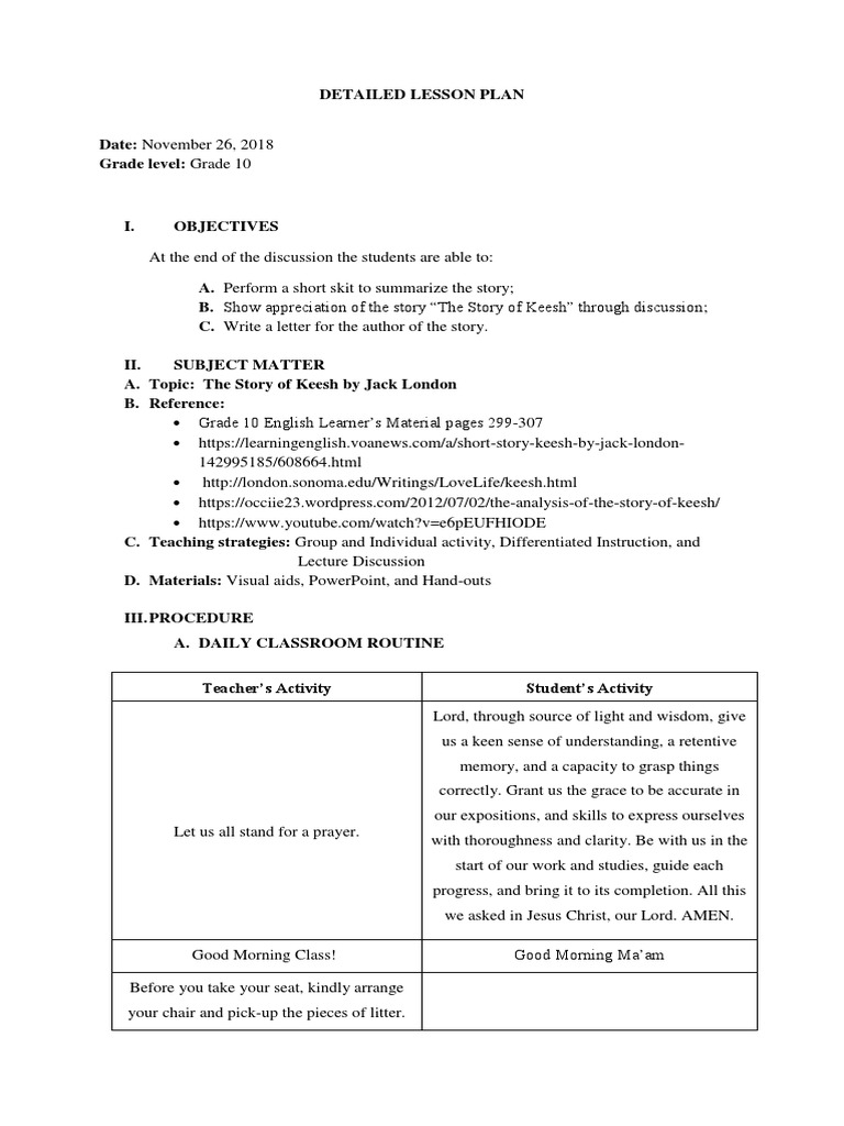 Detailed Lesson Plan Story of Keesh | PDF | Jack London | Lesson Plan