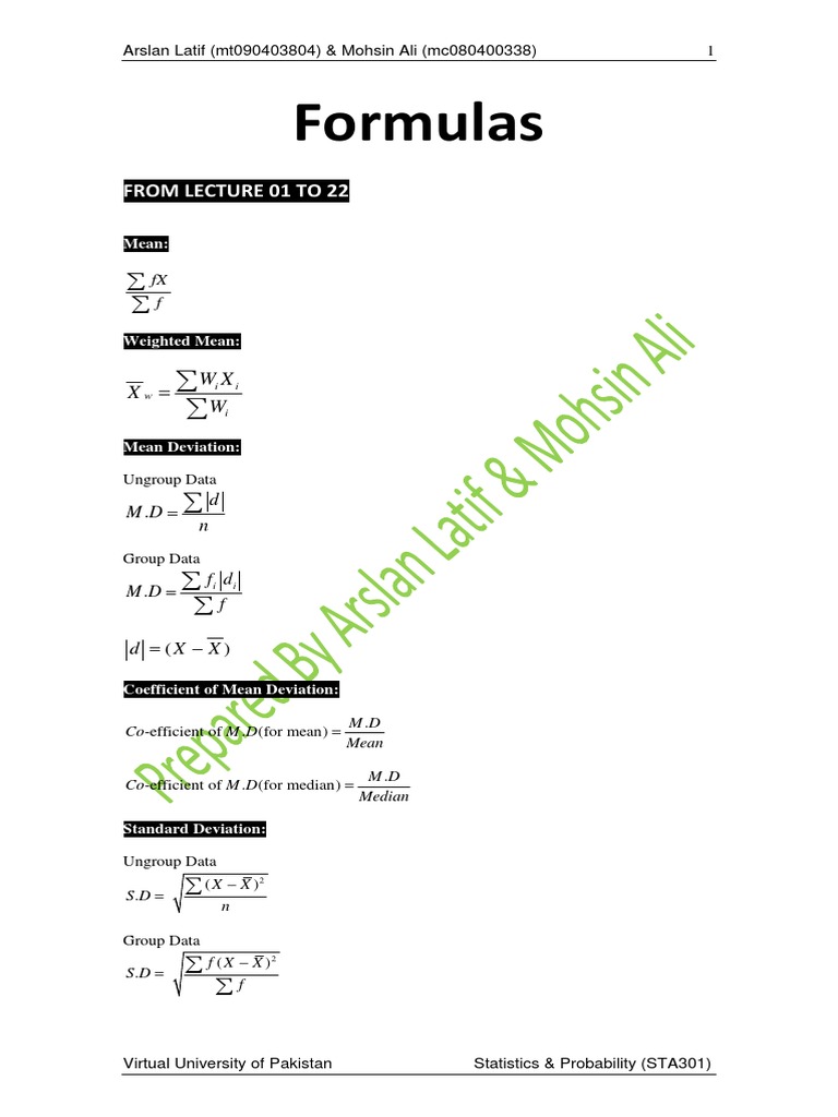STA301 Formulas Definitions 01 To 45 | PDF | Normal Distribution ...