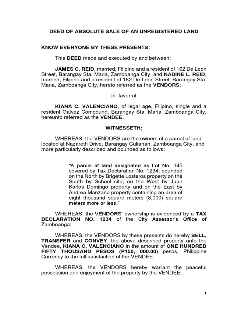Deed Of Absolute Sale Of An Unregistered Land PDF Land Lot