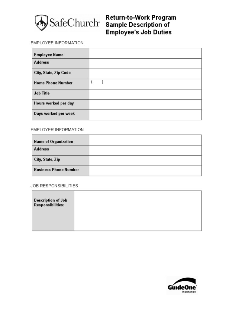 Return-to-Work Program Sample Description of Employee's Job Duties ...