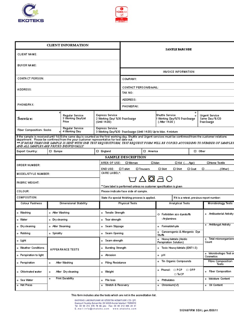 Ekoteks Lab Testing Request Form | PDF | Dye | United States Dollar