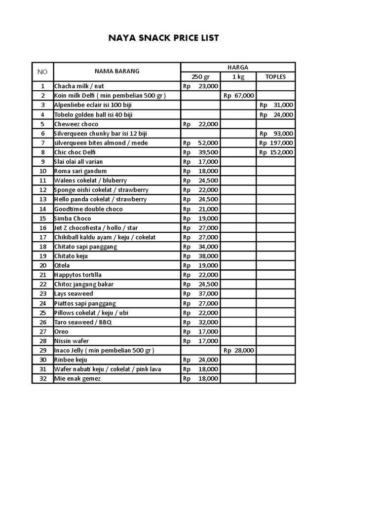 Naya Snack Price List | PDF