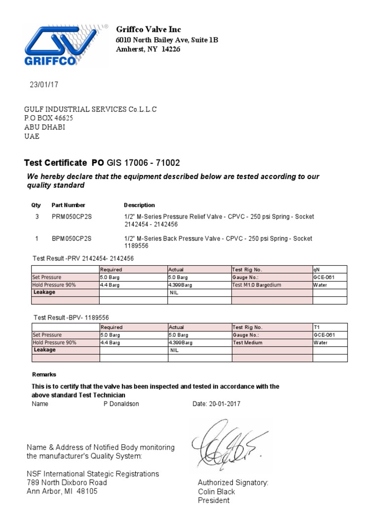 Griffco Valve Test Certificate PRVs BPVs | PDF