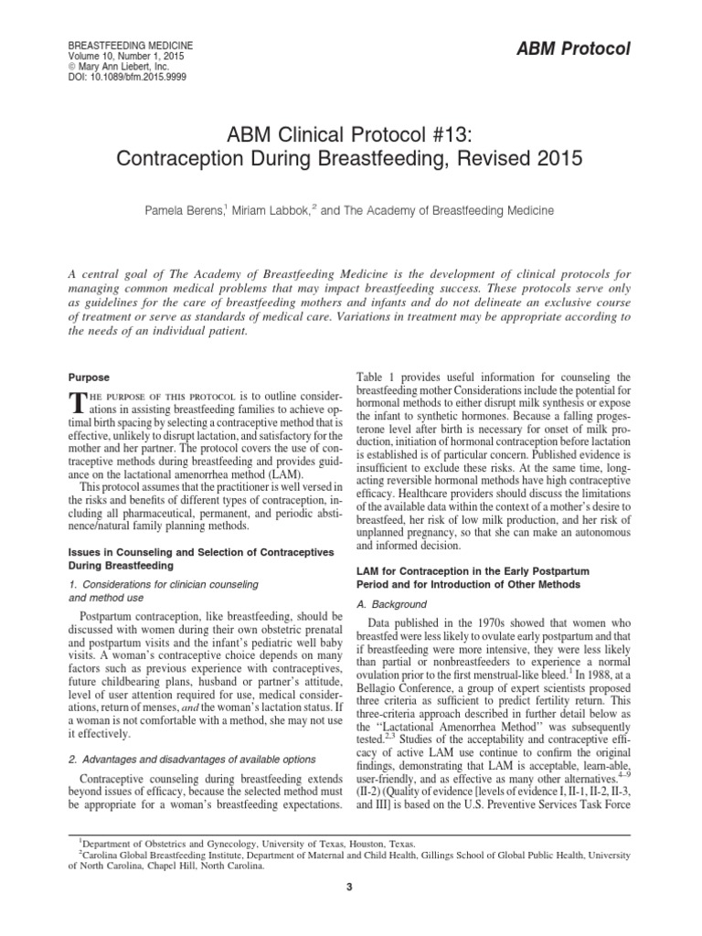 ABM Clinical Protocol #13: Contraception During Breastfeeding, Revised ...