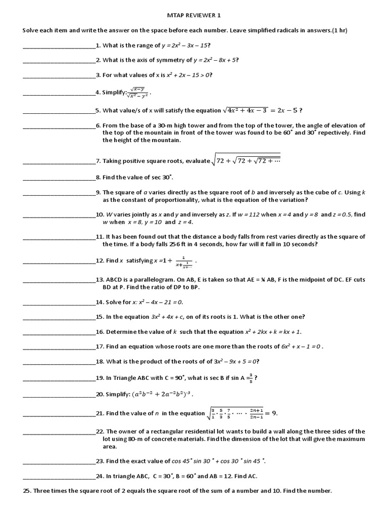 Mtap Reviewer 1 | PDF | Triangle | Trigonometric Functions