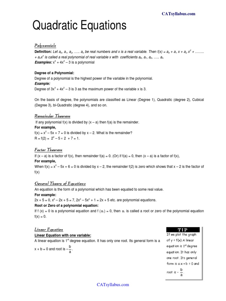 20-Quadratic Equations PDF | PDF | Polynomial | Zero Of A Function