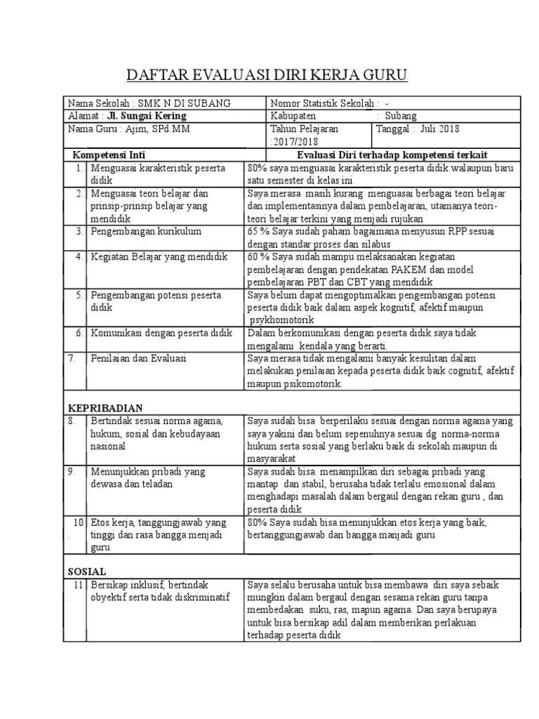 Daftar Evaluasi Diri Kerja Guru | PDF