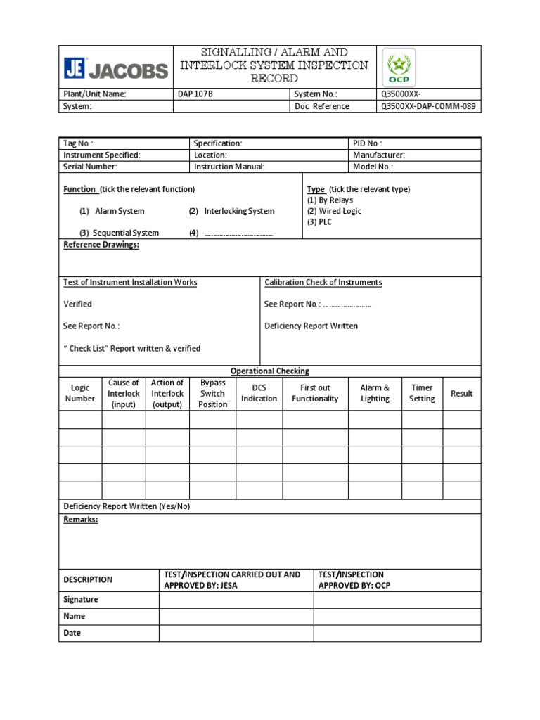Signalling / Alarm and Interlock System Inspection Record | PDF ...