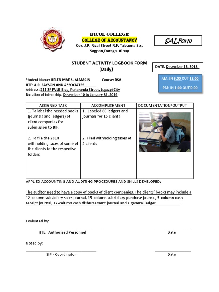 Salform: Student Activity Logbook Form (Daily) | PDF
