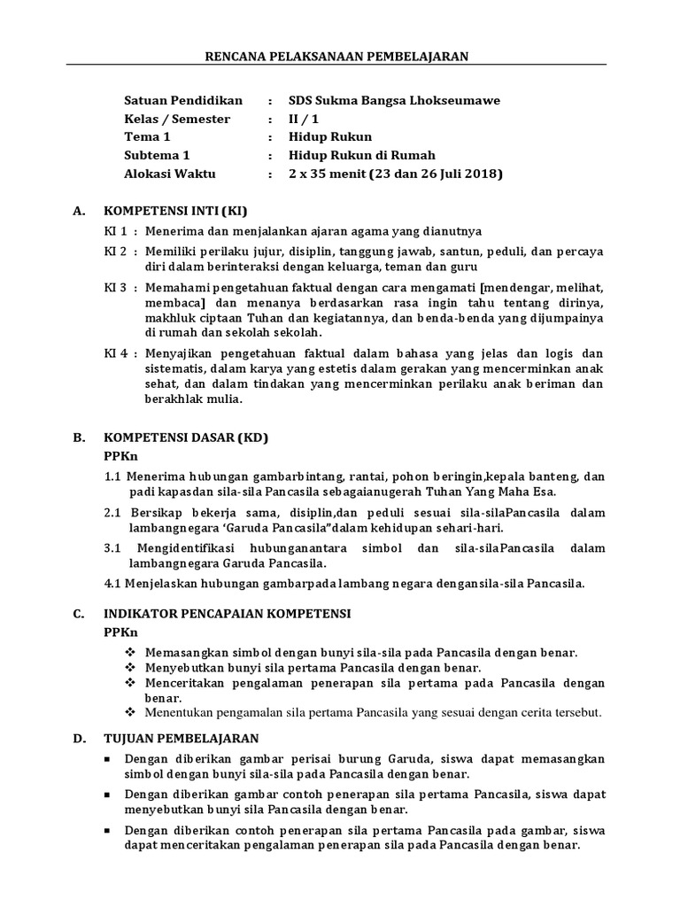 RPP TEMA 1 (PKN) Kelas 2 SD Kurikulum 2013 | PDF