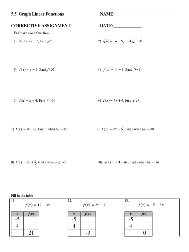 5.5 Graph Linear Functions NAME: - Corrective Assignment DATE | PDF | Discrete Mathematics ...