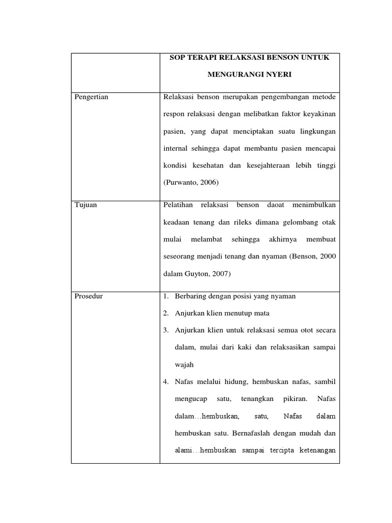 Sop Terapi Relaksasi Benson Untuk Mengurangi Nyeri | PDF