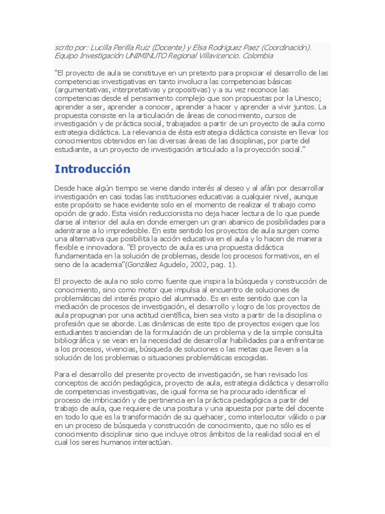Ejemplo de Proyectos de Aula | PDF | Salón de clases | Maestros