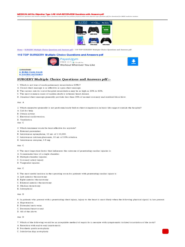 110 Top Surgery Multiple Choice Questions And Answers Pdf Medical