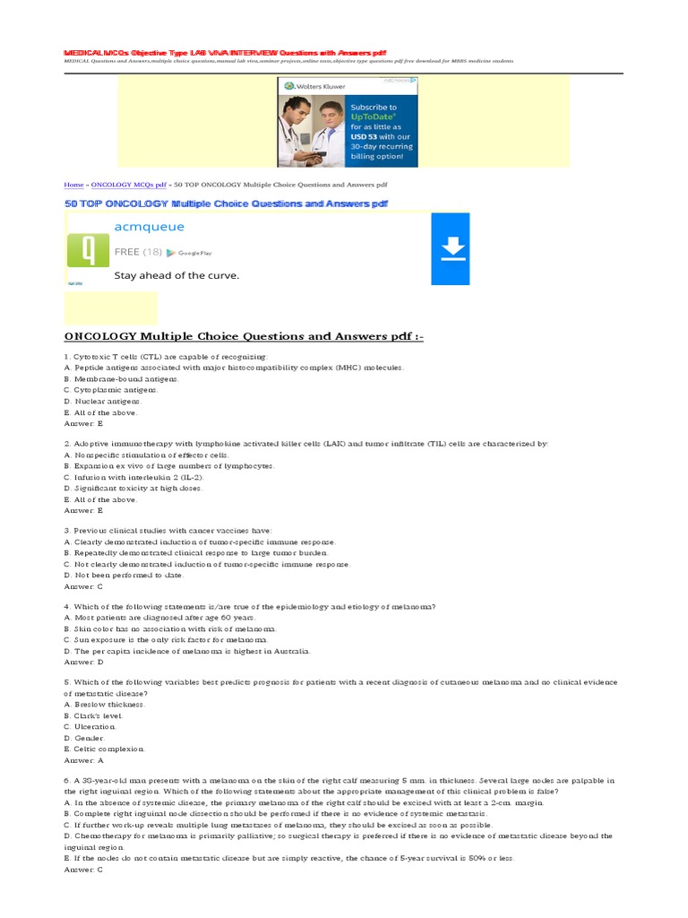 50 TOP ONCOLOGY Multiple Choice Questions and Answers PDF - SURGERY ...