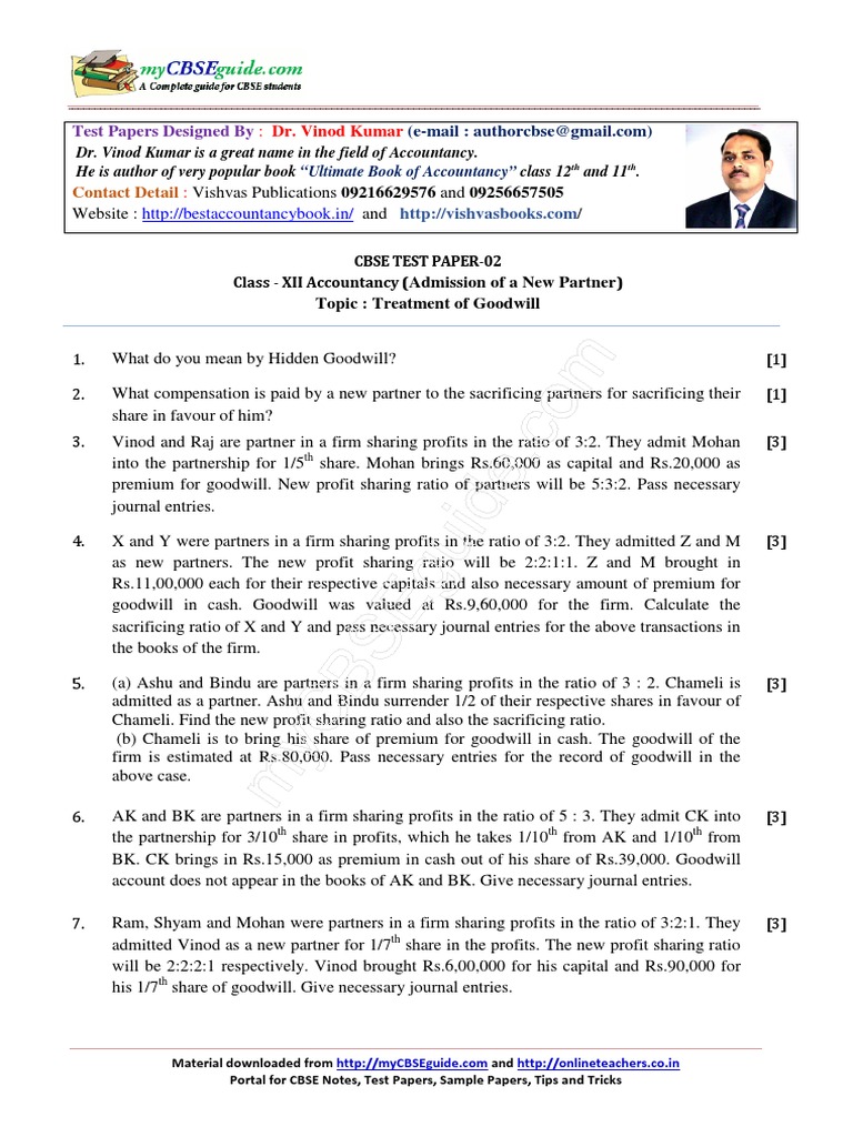 12 Accountancy Ch03 Test Paper 02 Treatment of Goodwill | PDF | Goodwill (Accounting ...