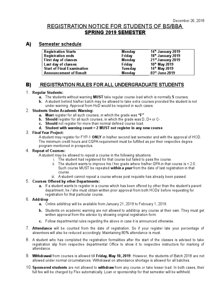 BS/BBA Spring 2019 Registration Guide | PDF | Fee | Course Credit