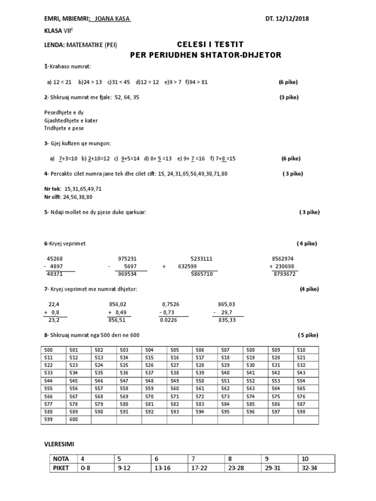 Test Matematike Klasa VII, Tremujori 1 | PDF