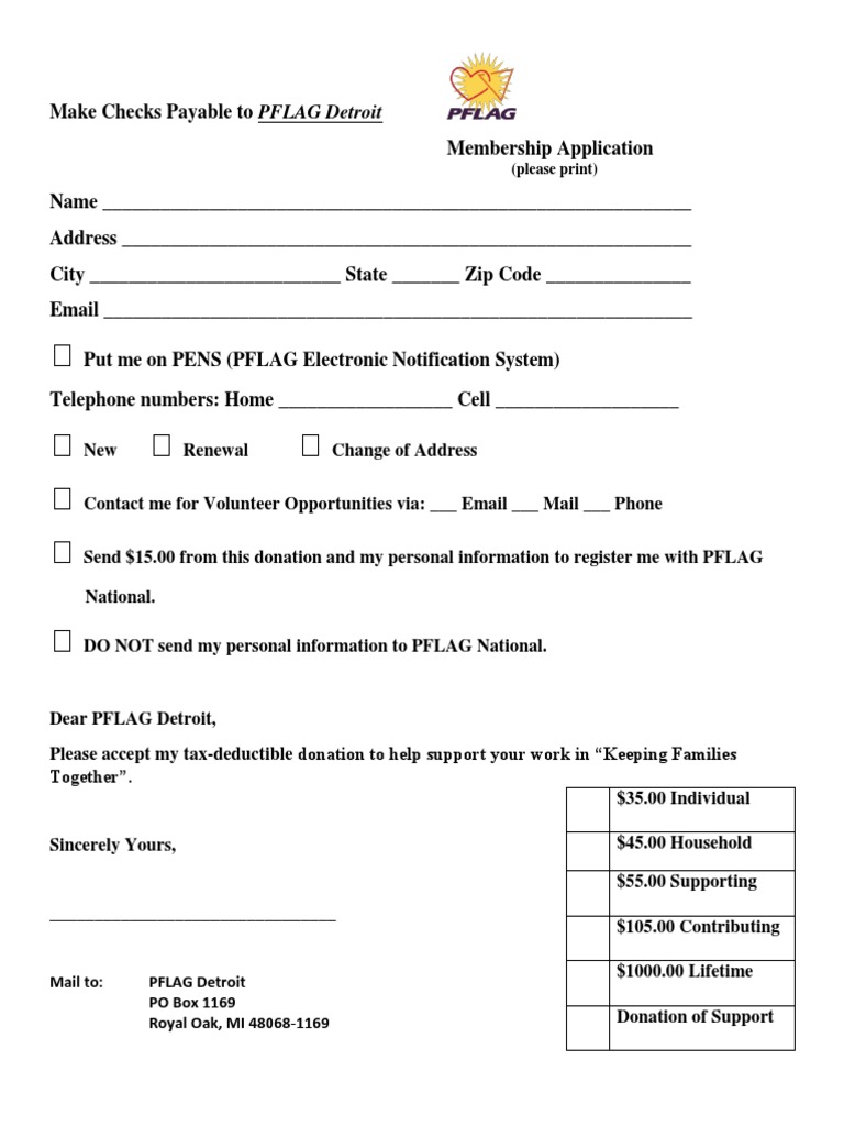 PFLAG Detroit Membership Application Form | PDF