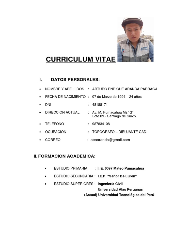 Curriculum Vitae de Arturo Enrique Aranda Parraga, Topógrafo y Dibujante CAD con más de 10 años ...