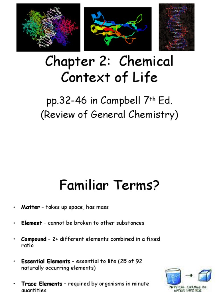 Chapter 2: Chemical Context of Life: pp.32-46 in Campbell 7 Ed. (Review ...
