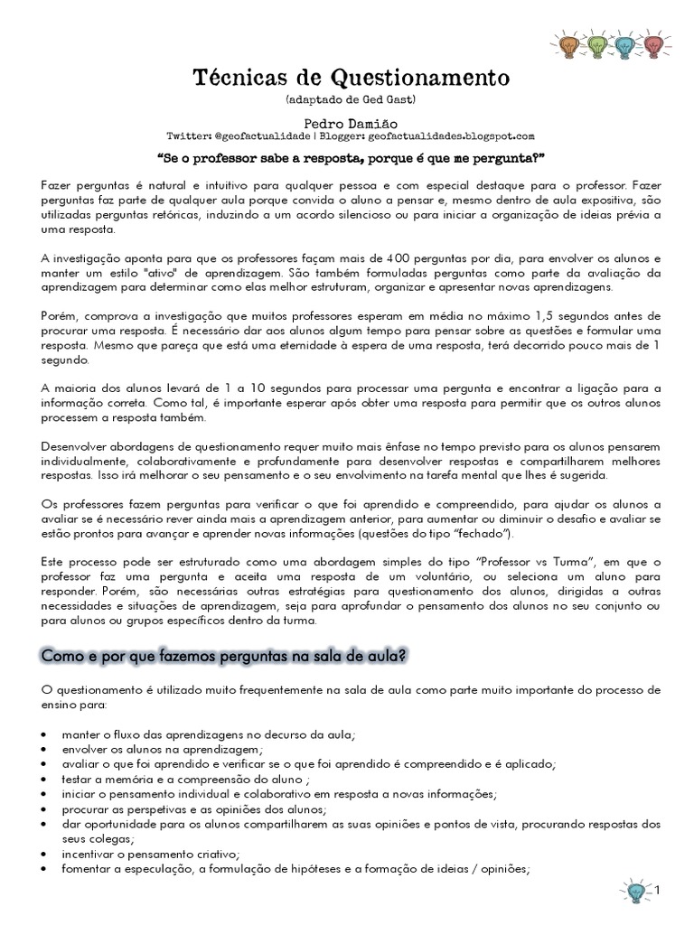 Técnicas de Questionamento | Pensamento | Aprendizado