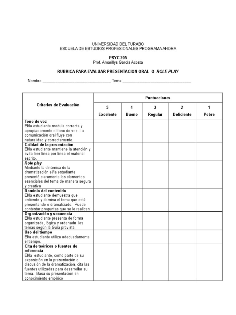Rúbrica para Evaluar Role Play y Presentaciones | PDF