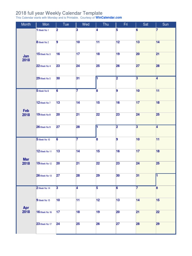 Printable 2018 Weekly Calendar | PDF | Microsoft | Information ...