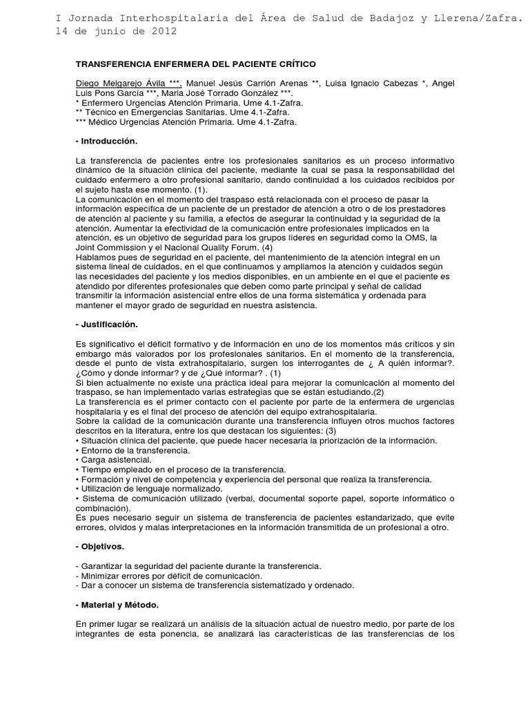 Transferencia de Paciente | PDF | Enfermería | Seguridad del paciente