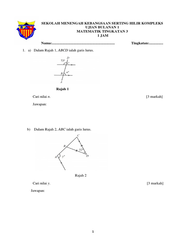 Ujian Bulanan 1 Math t3-2018 | PDF