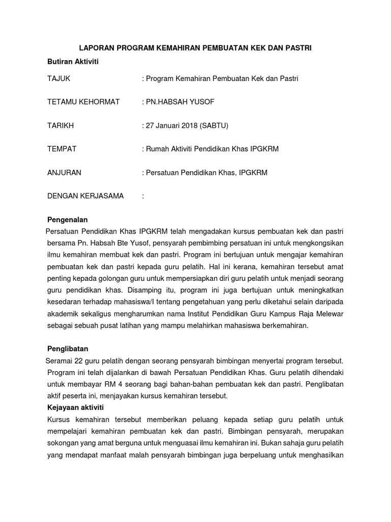 Laporan Program Kemahiran Pembuatan Kek Dan Pastri | PDF